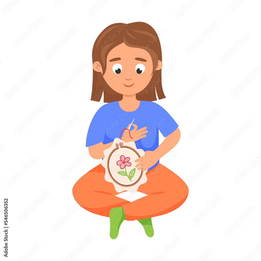 girl embroiders pattern on fabric with needle and thread. Hobbie and ...
