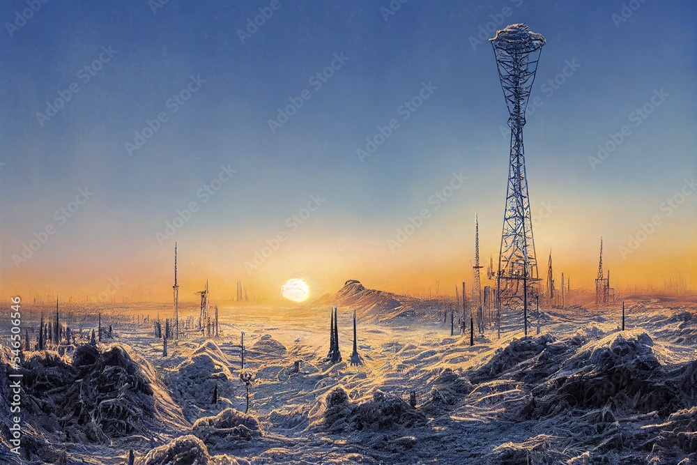 Extreme frost covering the landscape and telecommunication tower ...