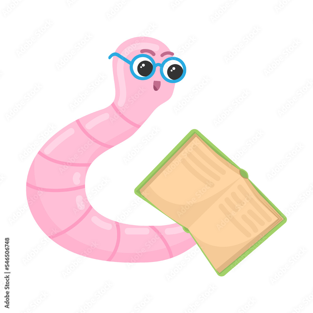 Happy bookworm holding and reading book cartoon vector illustration ...