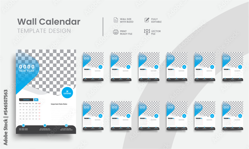 Modern corporate company wall calendar templates with the week start ...