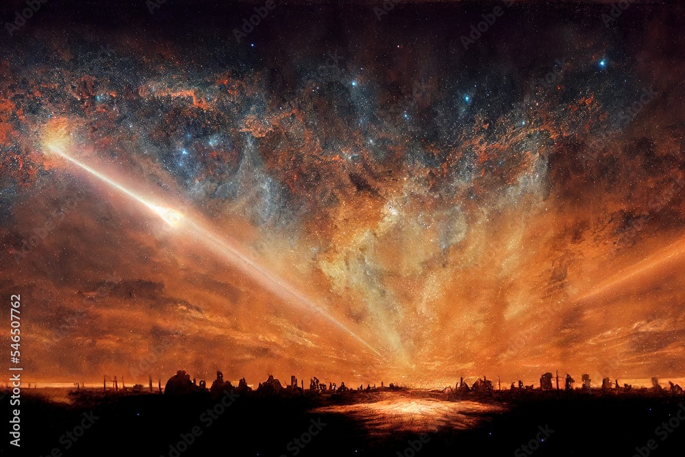 Apocalyptic image of a cross with an orange sky, the Milky Way behind ...