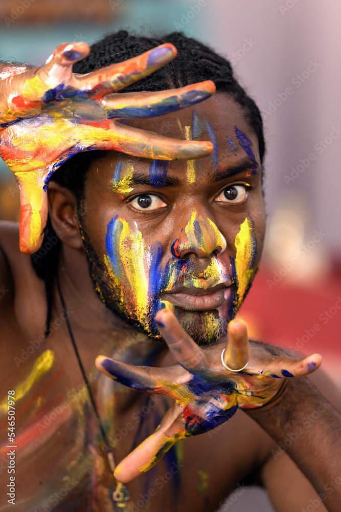 Painting male african portrait oil on face detail. Art portrait of ...