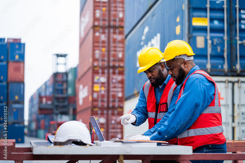 The concept of security inspection in a port warehouse. African male ...