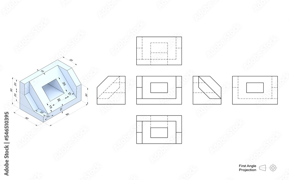 Technical drawing of a 3D model with a perspective and orthogonal views ...