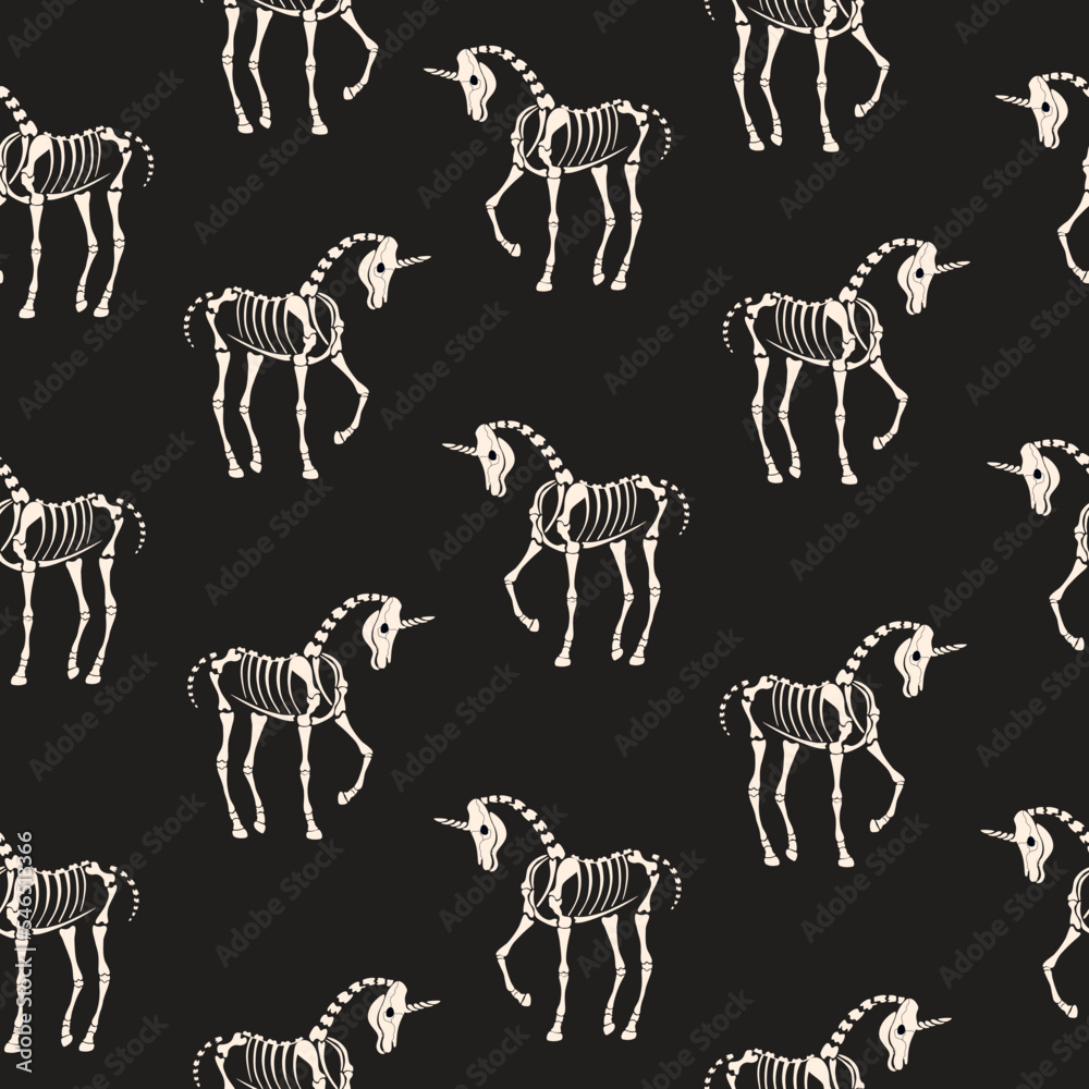 Seamless texture. Skeletons of unicorns on a dark background. For ...