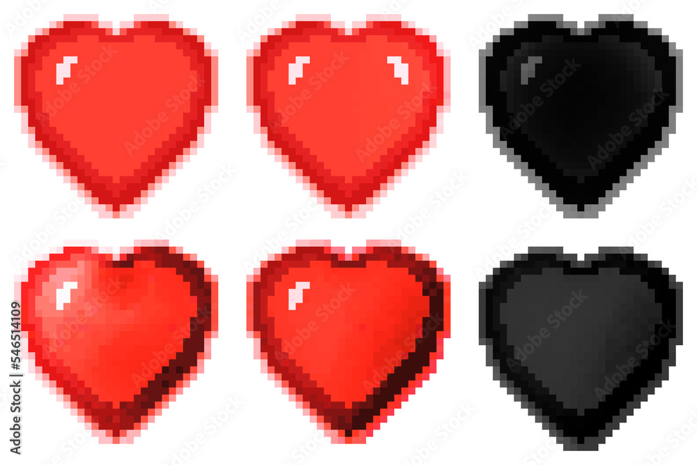 Pixel art: a set of isolated hearts with various shades, including ...