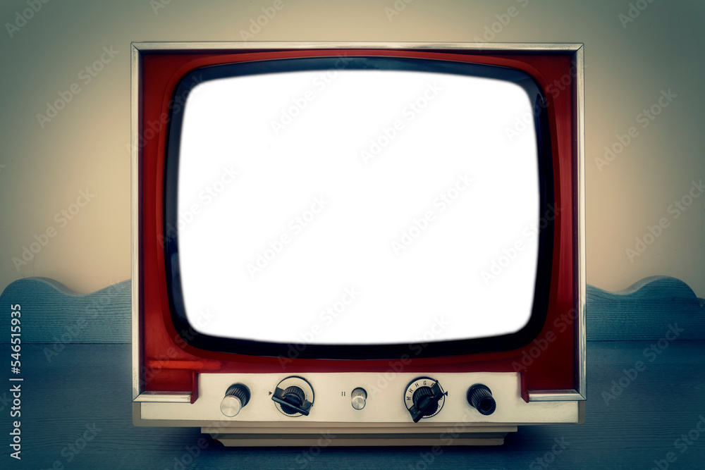 A retro vintage TV from the 1970s, showing a convex blank screen (no ...