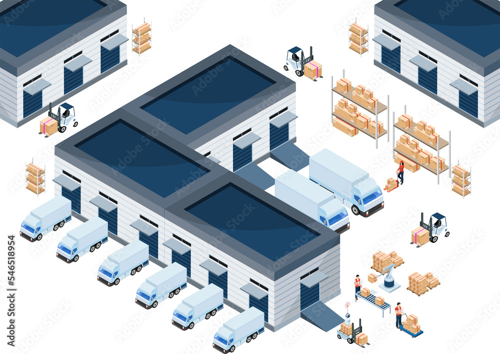 3D isometric logistics Warehouse Work Process Concept with Transportation operation service ...
