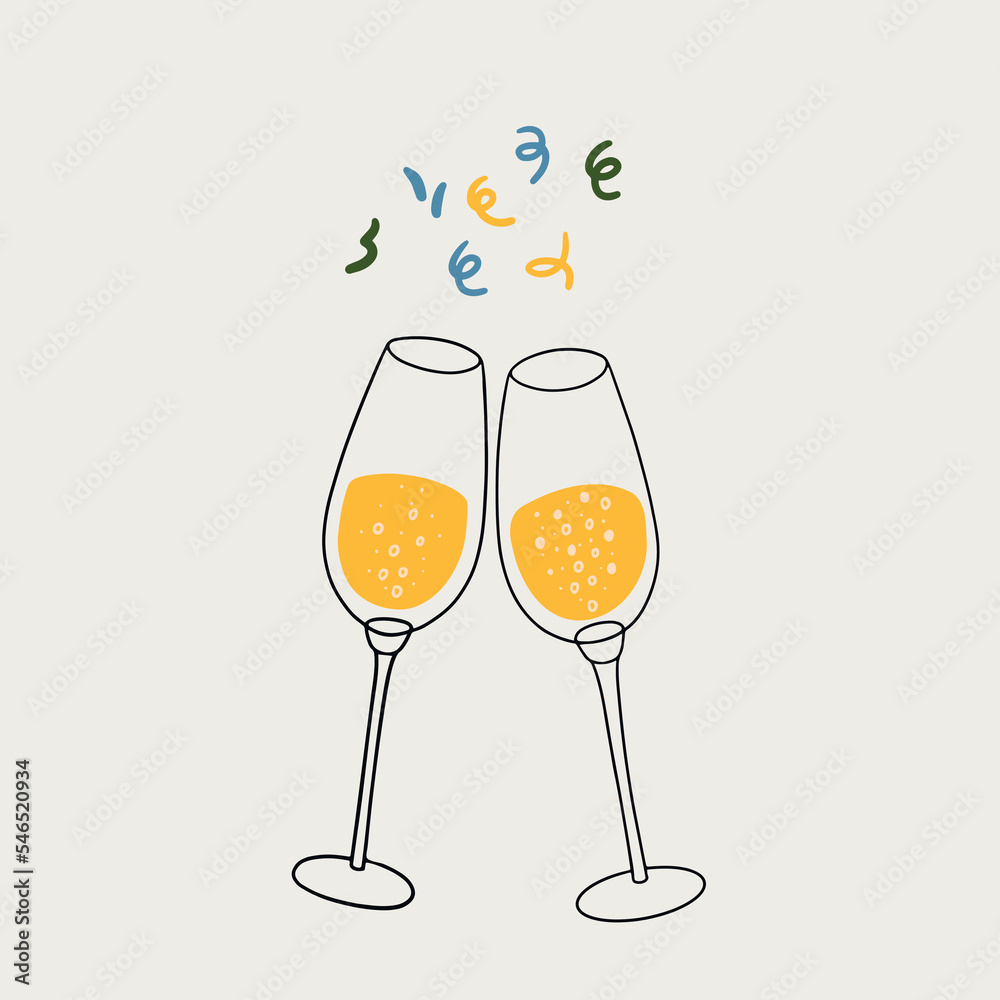 Vector Christmas flat celebrating illustration. Hand painted Prosecco ...