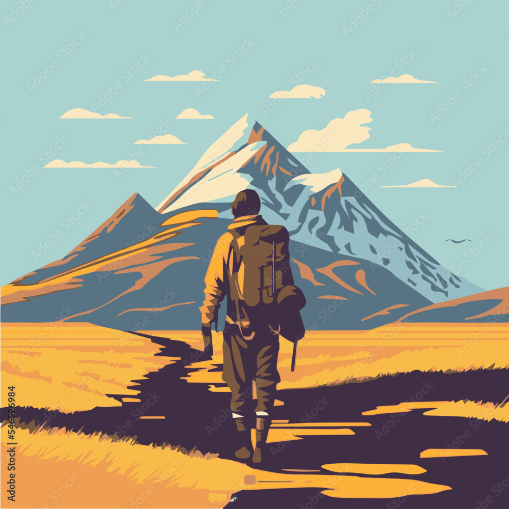 Man hiking in nature. Vector art of an adventurer in nature exploring ...
