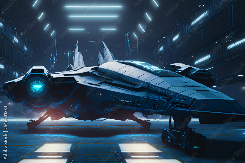 science fiction jet fighter, futuristic airplane in a modern hangar ...