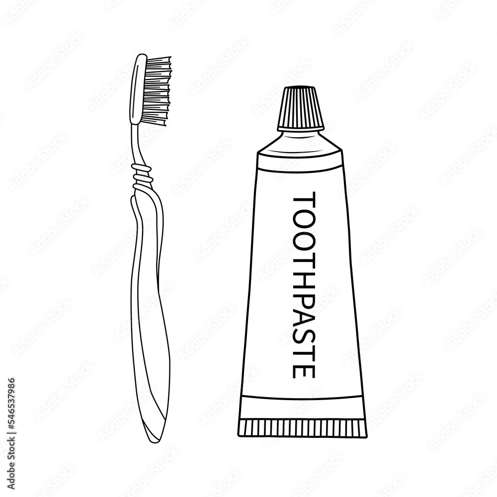 Stock vector toothbrush and toothpaste hand drawn outline black and ...
