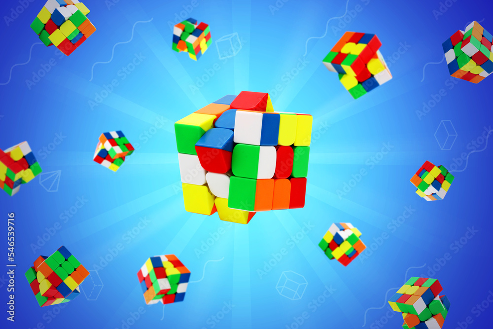 Multiple unsolved Rubik's cubes isolated on a blue background Stock ...