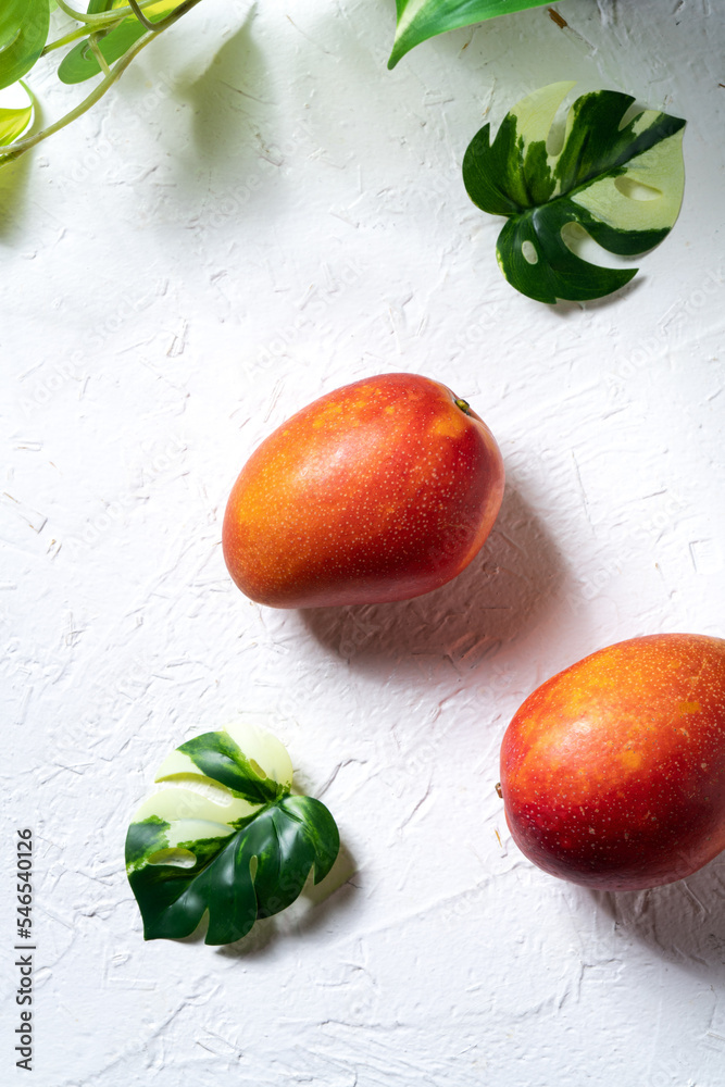 Mango background design concept. Top view Diced fresh mango fruit on ...