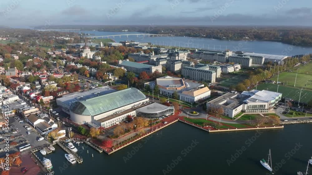 United States Naval Academy and waterfront views. Aerial of campus yard ...