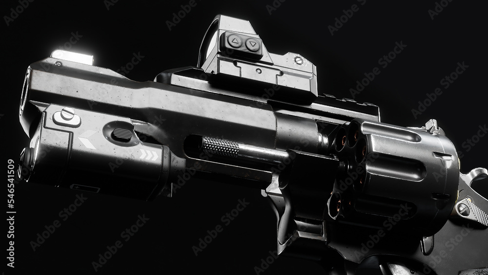 3d render of a black American revolver with a red dot sight and a ...