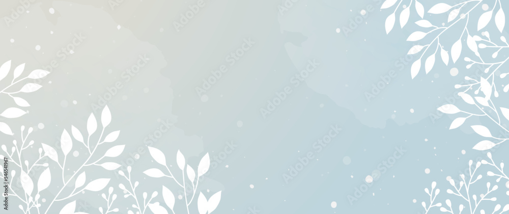 Art winter background. Hand painted leaves, watercolor, snowy texture ...