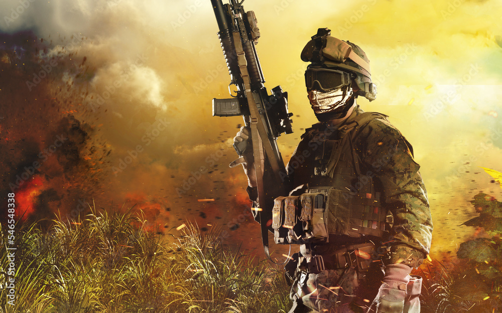 soldier fighter comes out of the smoke on the battlefield. united ...