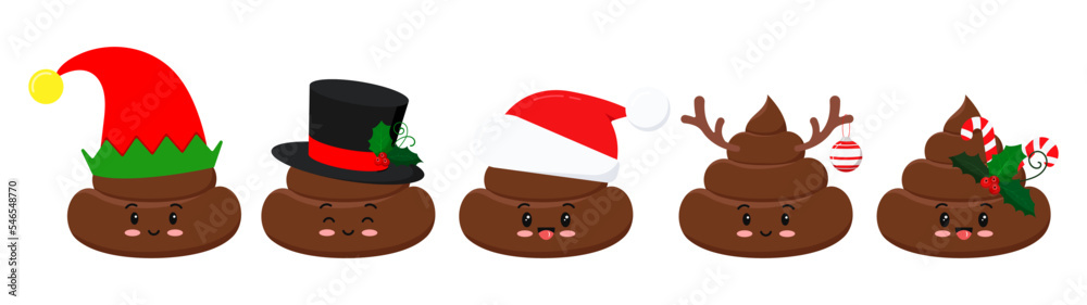 Christmas poop cute funny excrement character cartoon emoticon set ...