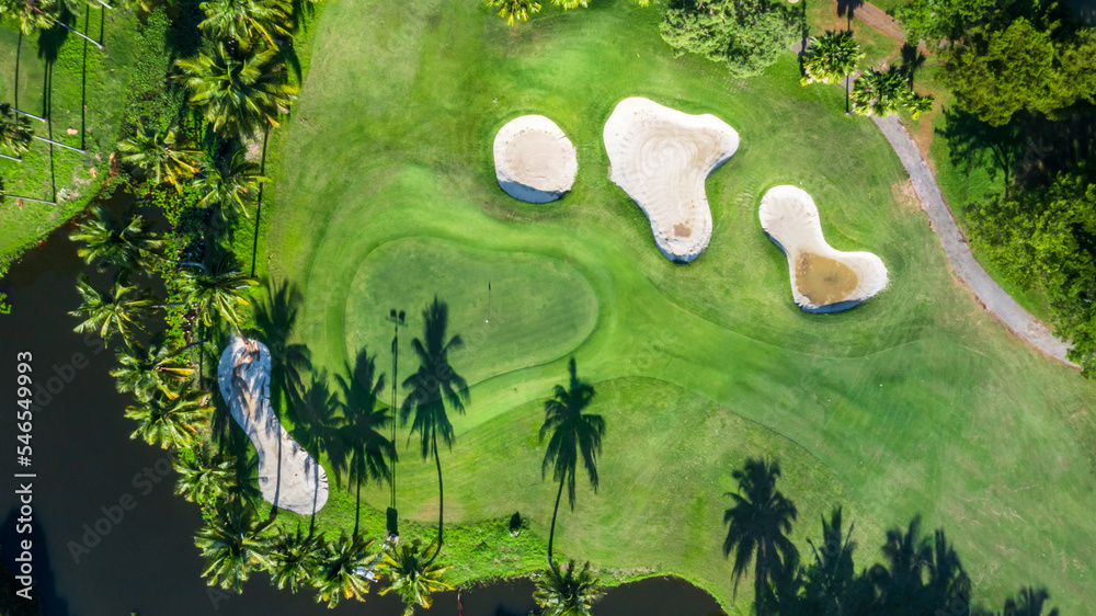 Aerial view of green golf course and putting green, Aerial view of ...