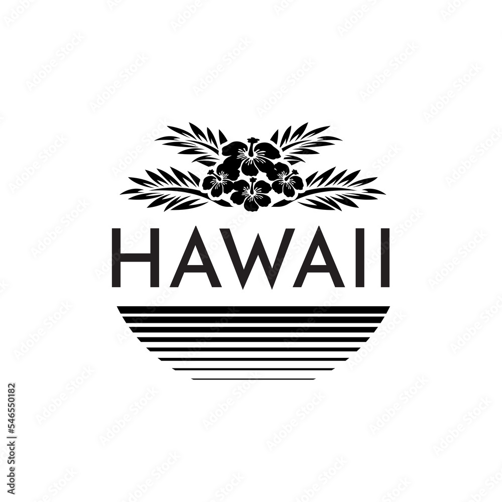 Hawaii logo vintage hibiscus flowers and palm leaves isolated vector ...