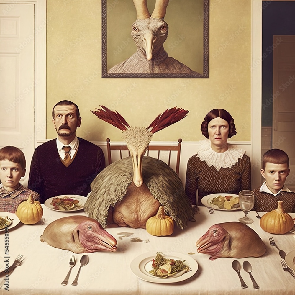 ภาพประกอบสต็อก Weird Creepy Strange Family Sitting with Turkey at ...