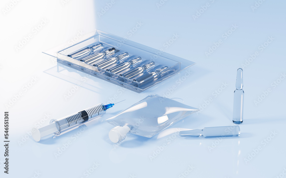 Infusion bag and injection syringe in the blue background, 3d rendering ...