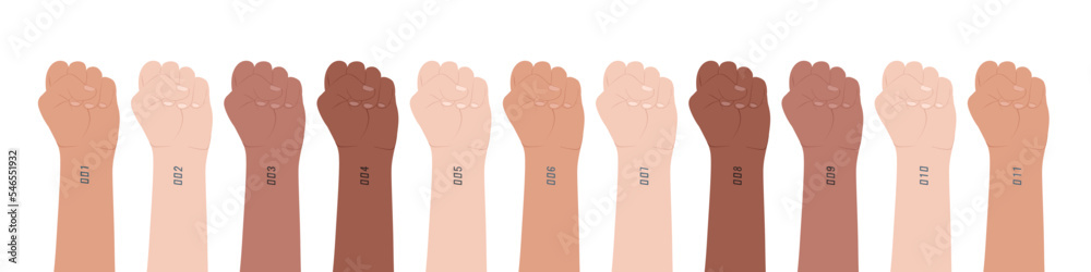 Clenched hands set. Different skin colors. Multiethnicity ...