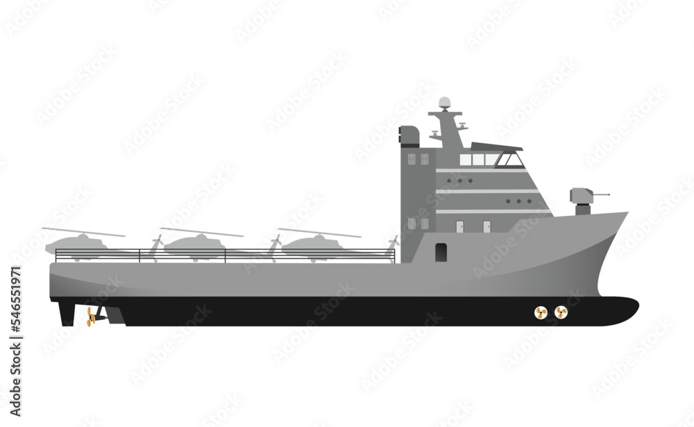 Naval armed transport ship with radar and antenna. Warship side view ...