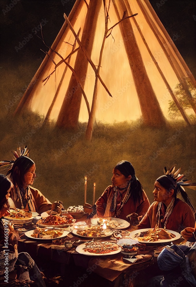 Native Americans Sitting at Meal Historic Thanksgiving Celebration ...