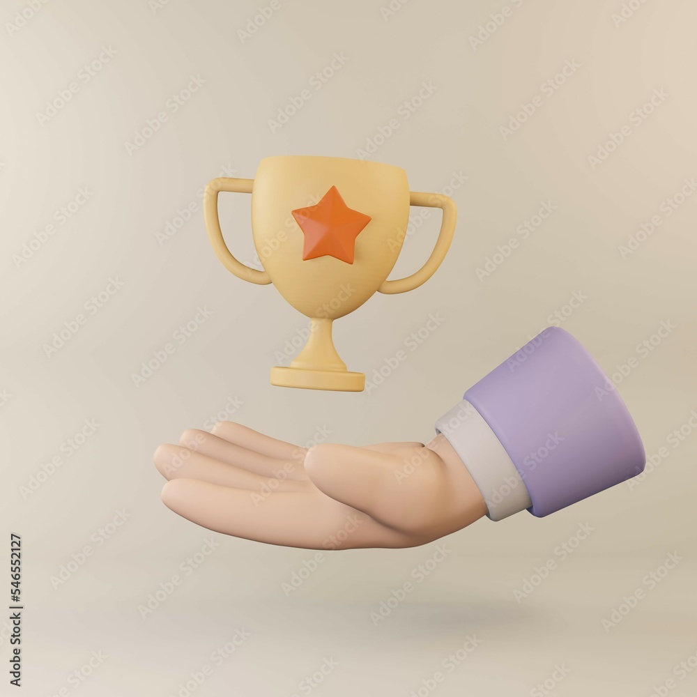 3D hand with gold trophy cup. Bonus, prized, reward, achice and winner ...