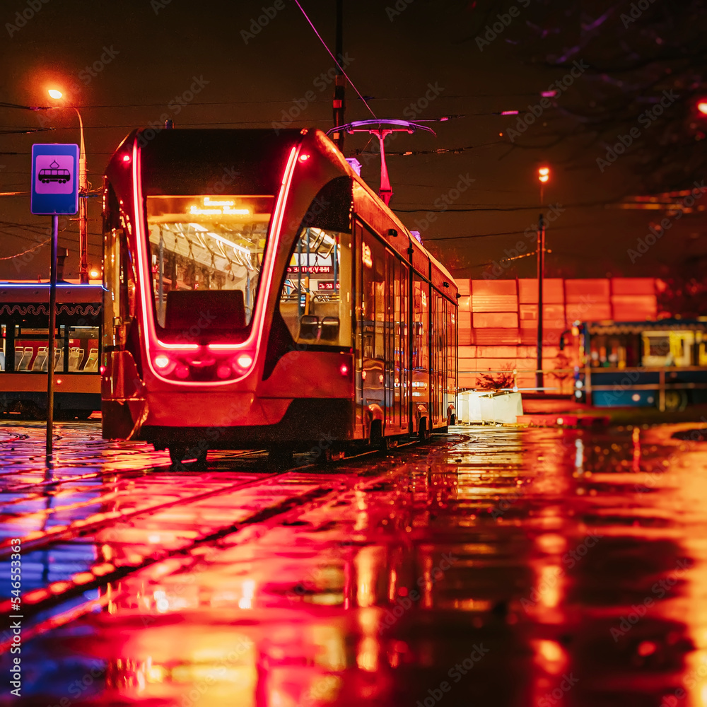 City night tram, tram terminus, city lights illumination, selective ...