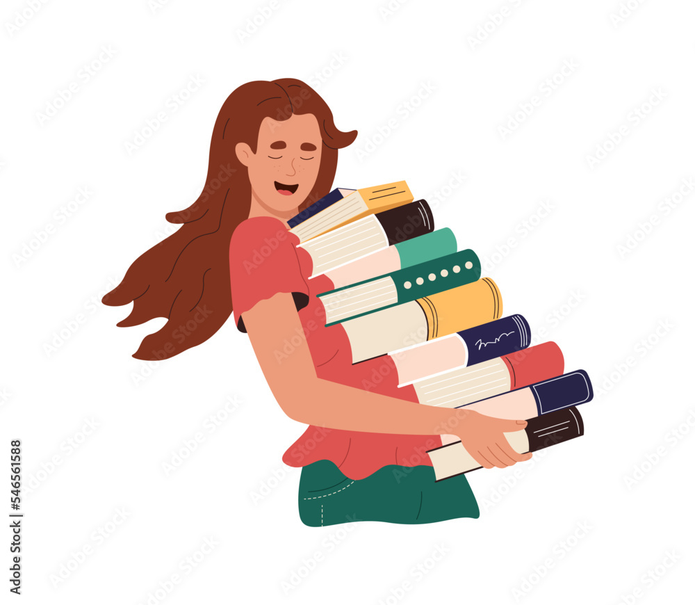 Happy girl student holding stack of books in hands. Young woman ...