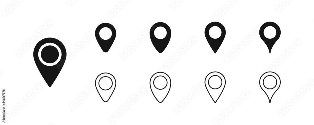 Map pin icon. Geo pin symbols. Mark place icons. GPS point sign. Travel ...