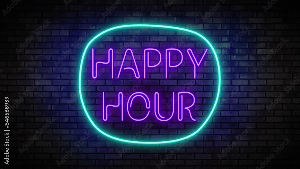 Happy hour Neon Light on Brick Wall. Night Club Bar Blinking Neon Sign ...