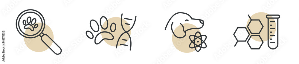 Dog DNA kit icon set, breed analysis concept, home pet lab species ...