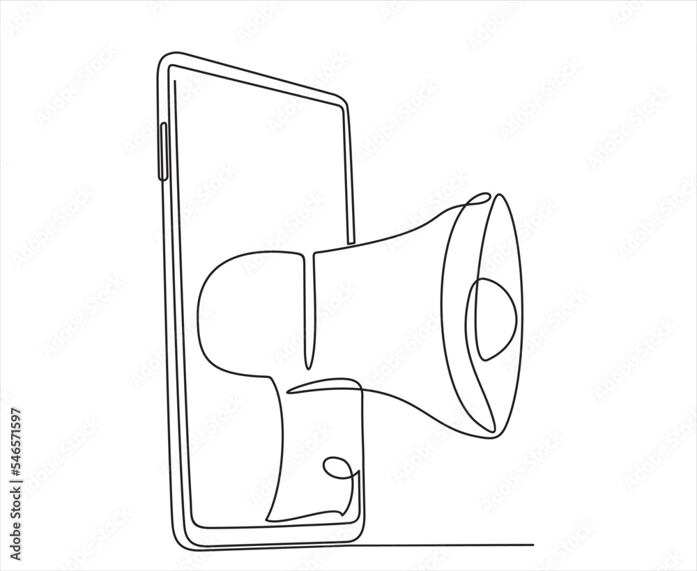 Continuous one line drawing of megaphone in smartphone. Digital ...