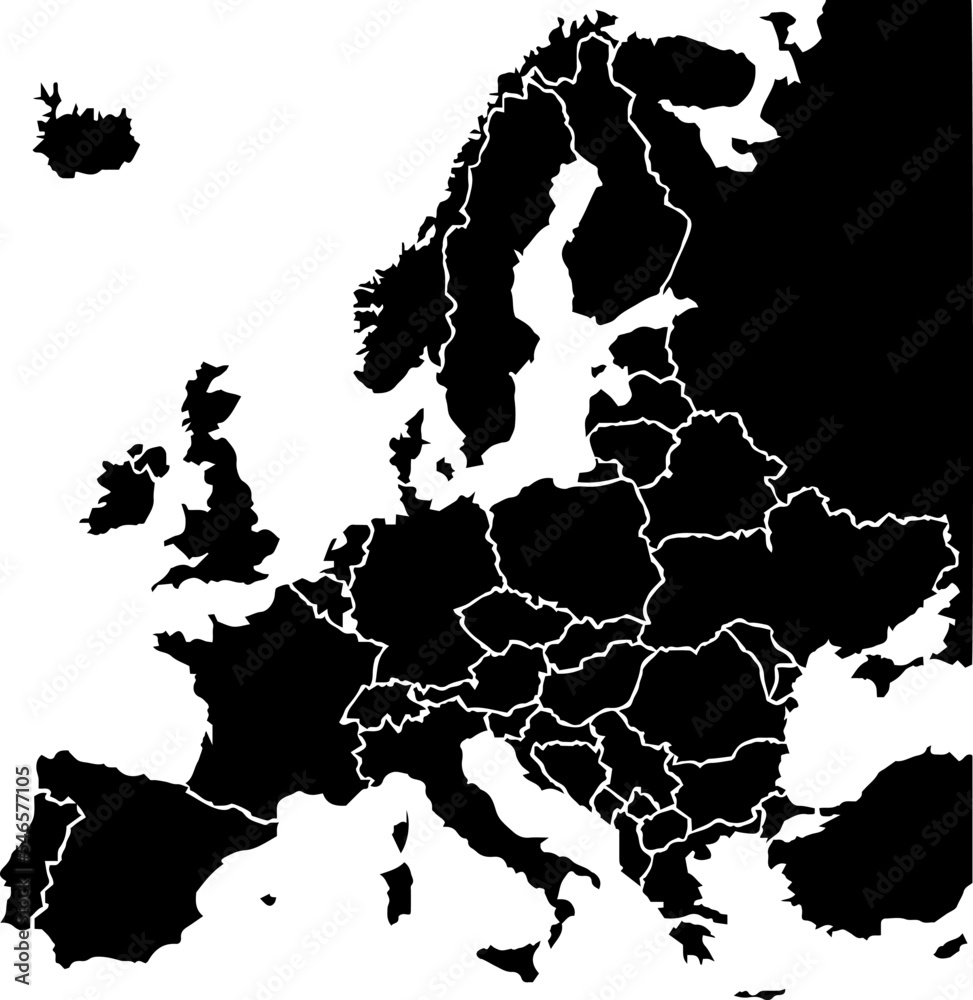 Black colored European states map. Political europe map. Vector ...
