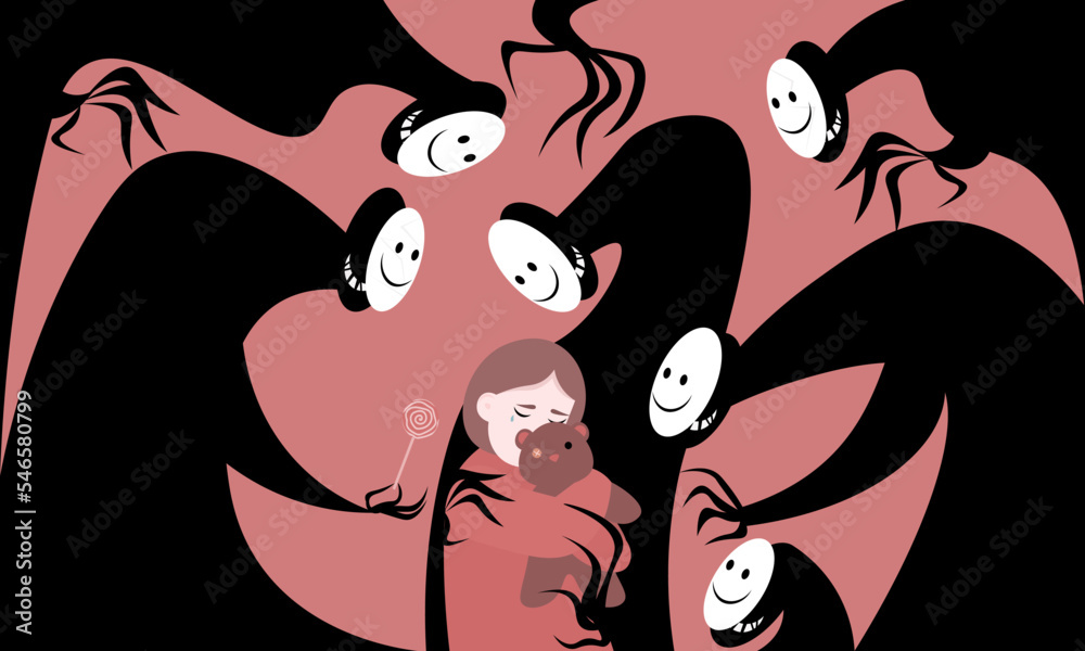 A little girl hugging a toy is accosted by bad adults. The problem of ...