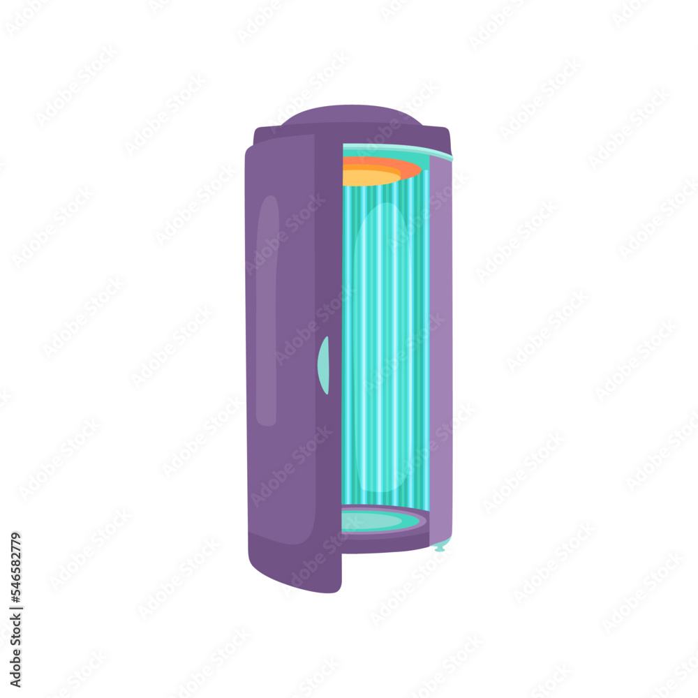Purple opened tanning cabin cartoon illustration. Cosmetic procedure in ...