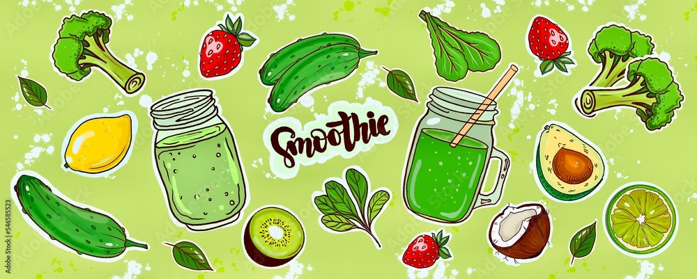 Green smoothie sticker set. Useful healthy food stickers for printing ...