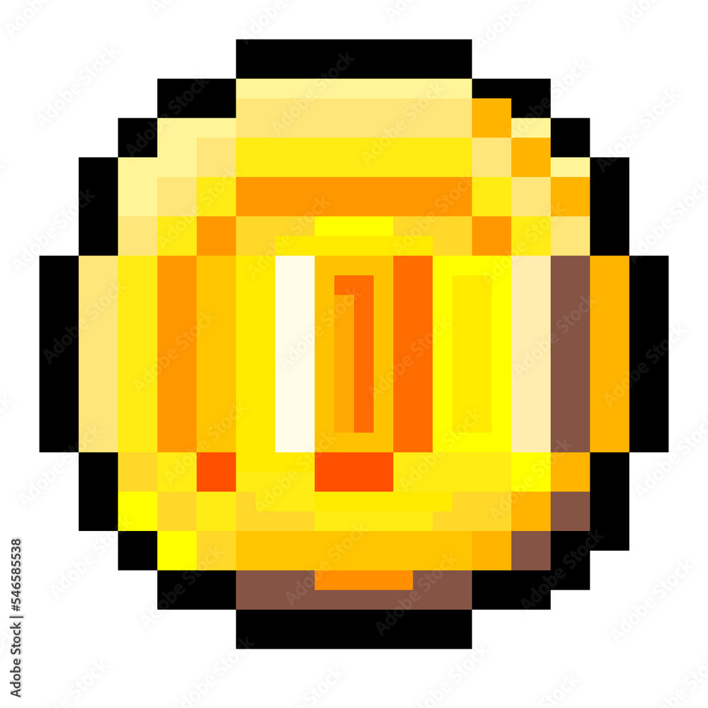 Pixel art: a stylized round shaped golden coin, similar to the ones ...