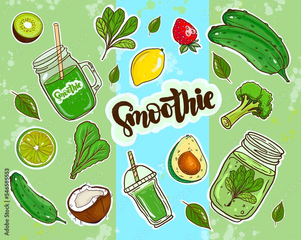 Green smoothie sticker set. Useful healthy food stickers for printing ...