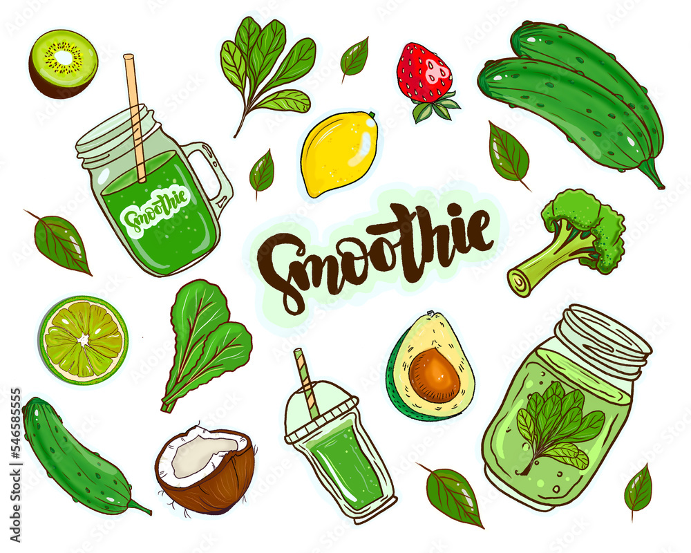 Green smoothie sticker set. Useful healthy food stickers for printing ...