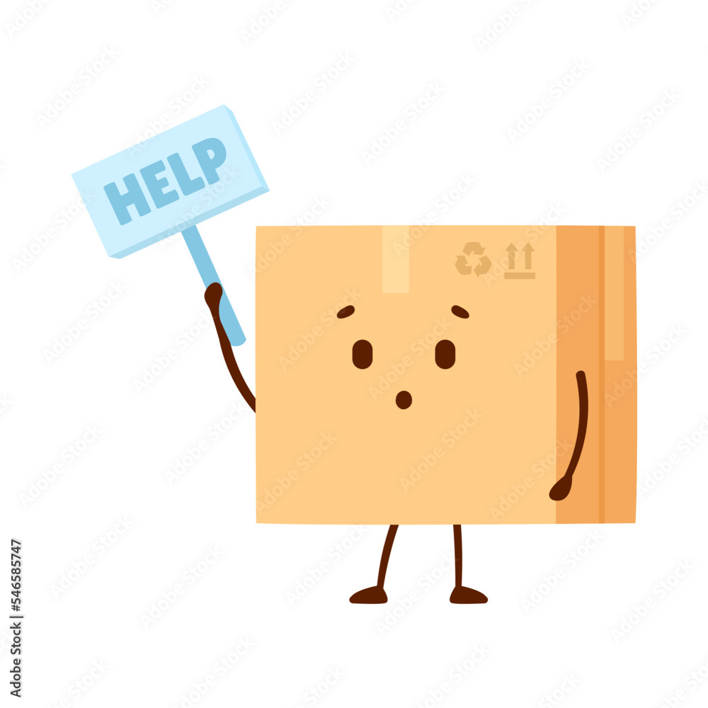 Confused comic cardboard box with help sign vector illustration. Cute ...