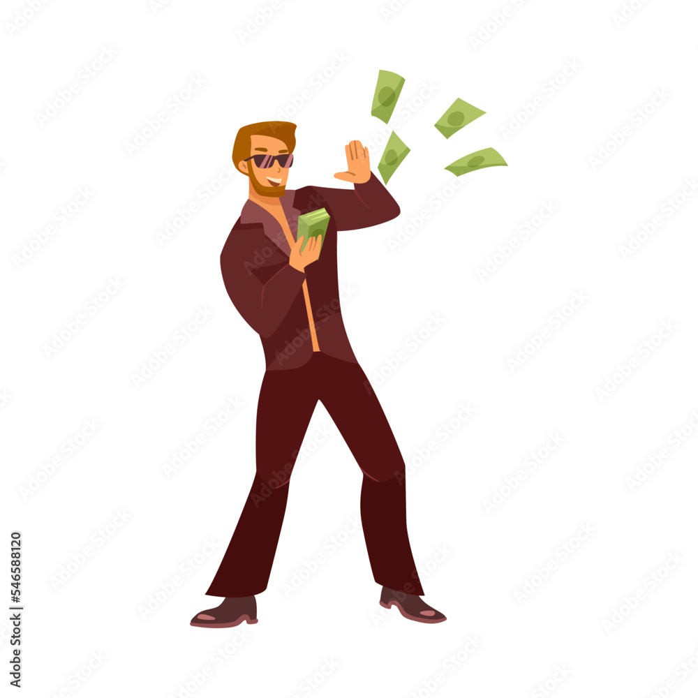 Rich man throwing money cartoon illustration. Happy millionaire or ...