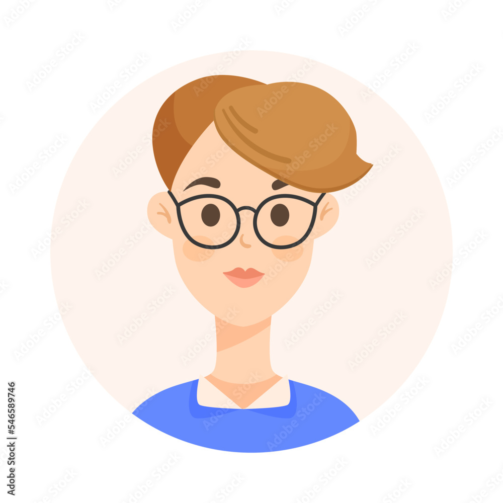 Short-haired girl wearing glasses avatar cartoon illustration. Face or ...