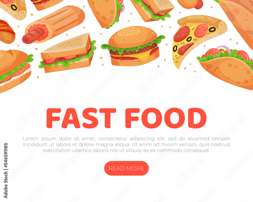 Vektorová grafika „Fast food landing page template. Sandwich, burgers ...
