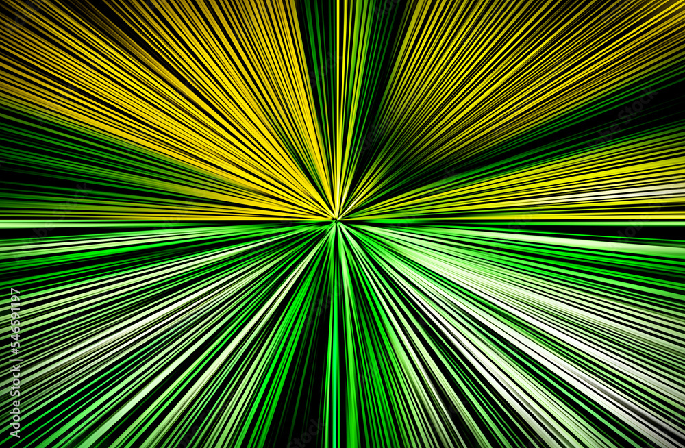 Abstract surface of blur radial zoom in green, yellow colors on a black ...