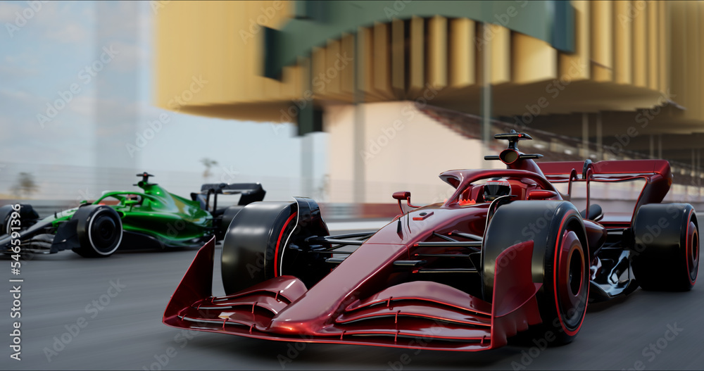 Blue Race Car Driving on Winding Race Track to the Finish Line. Dynamic ...